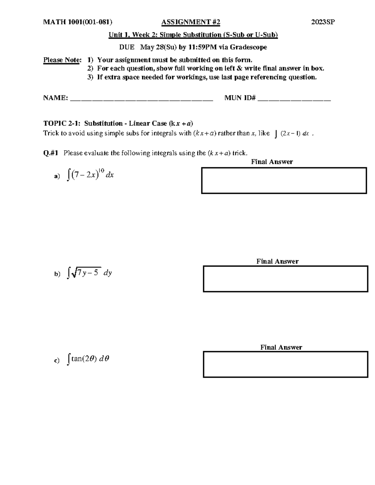 A. #2 Written - math 1001 assignment 2 - MATH 1001(001-081) ASSIGNMENT ...