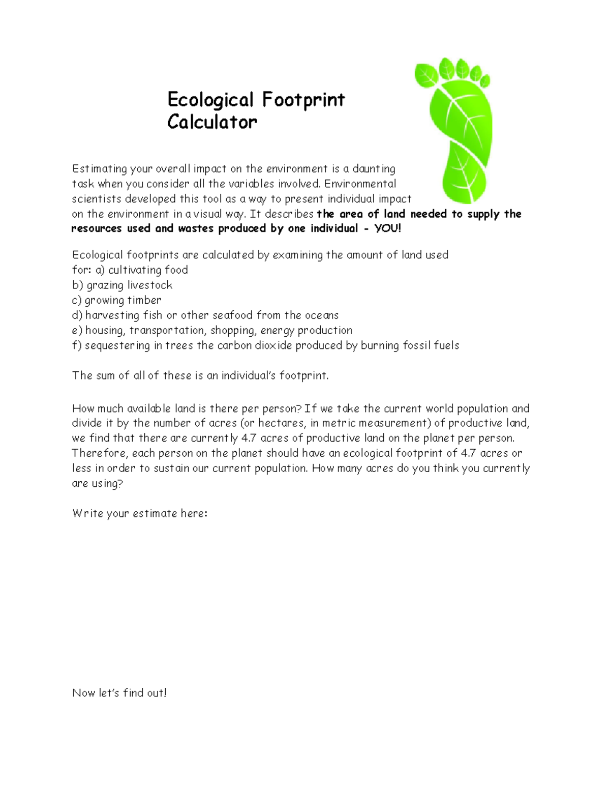 Ecological Footprint Calculator-1 - Ecological Footprint Calculator ...