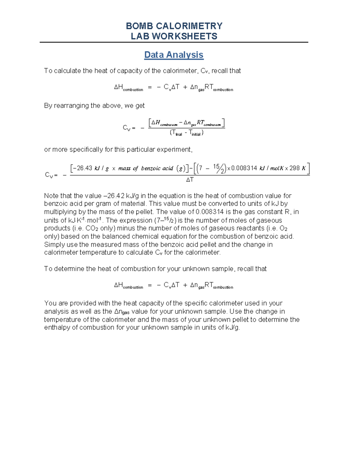 Bomb Calorimetry Worksheets - BOMB CALORIMETRY LAB WORKSHEETS Data ...