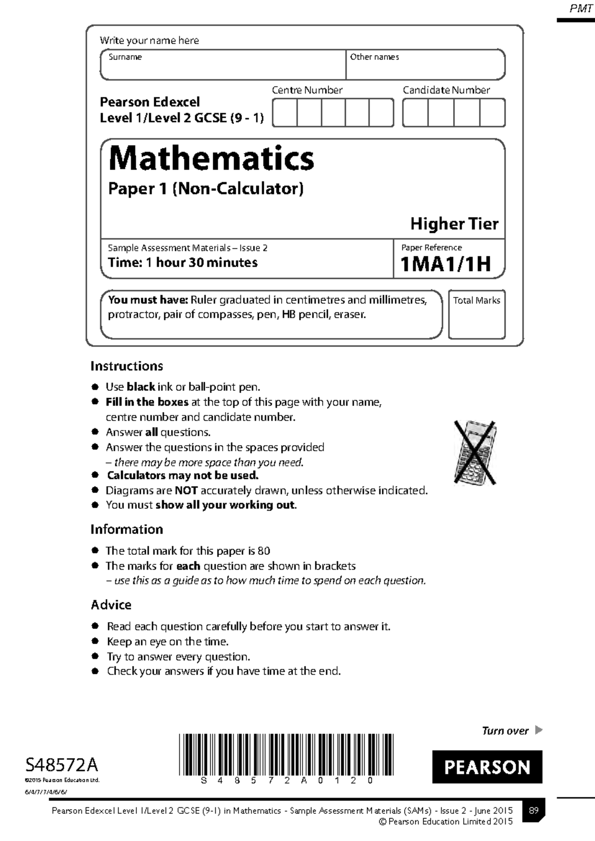 Sample QP - question paper - Pearson Edexcel Level 1/Level 2 GCSE (9-1) in Mathematics - Sample ...