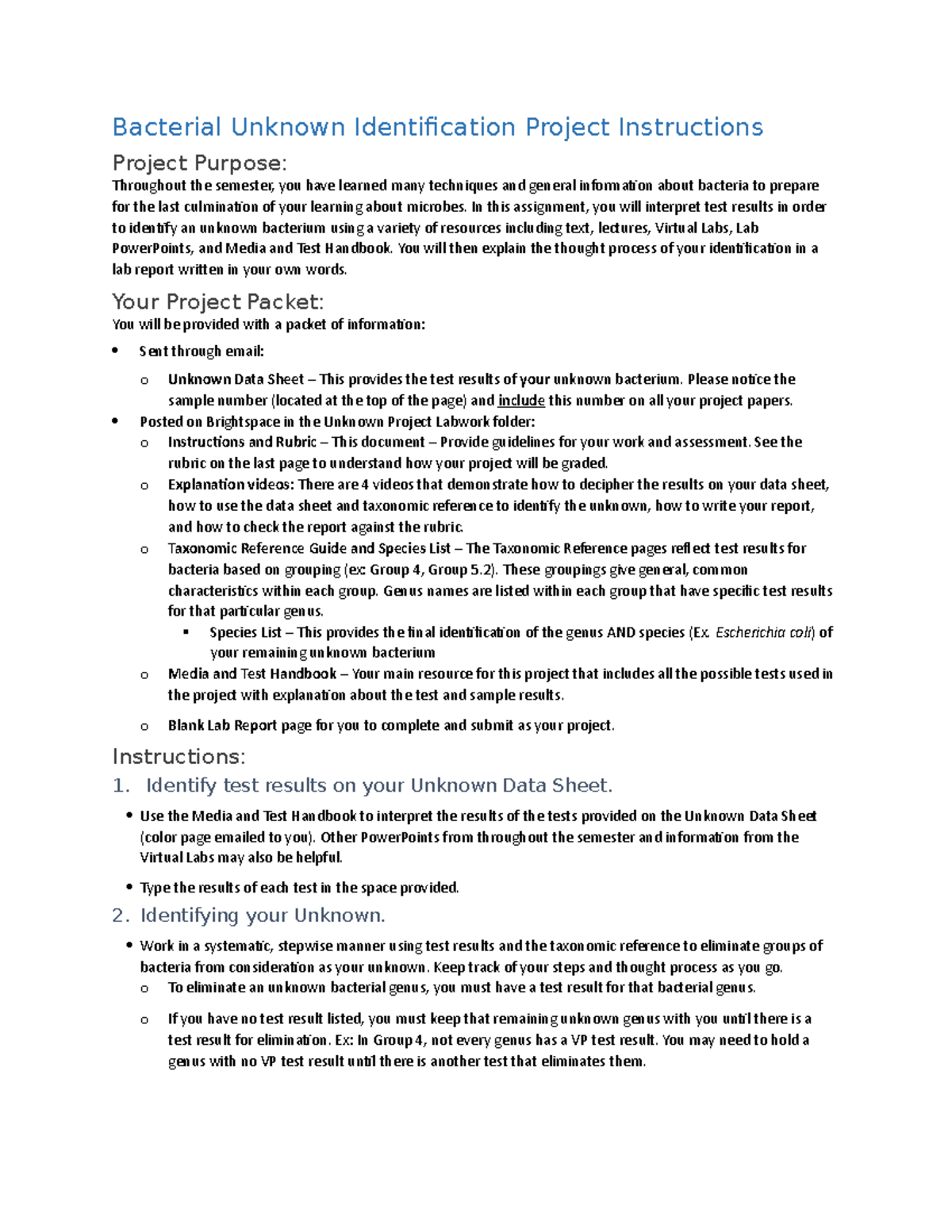 Bacterial Unknown Project - Bacterial Unknown Identification Project ...