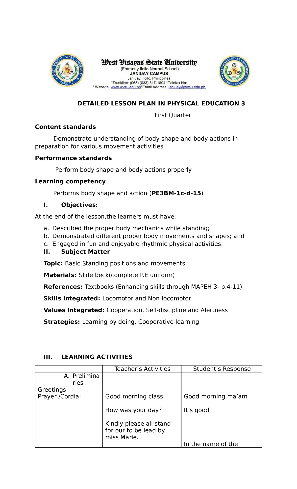 Lesson PLAN IN P E - .......................... ... ... ... - DETAILED ...