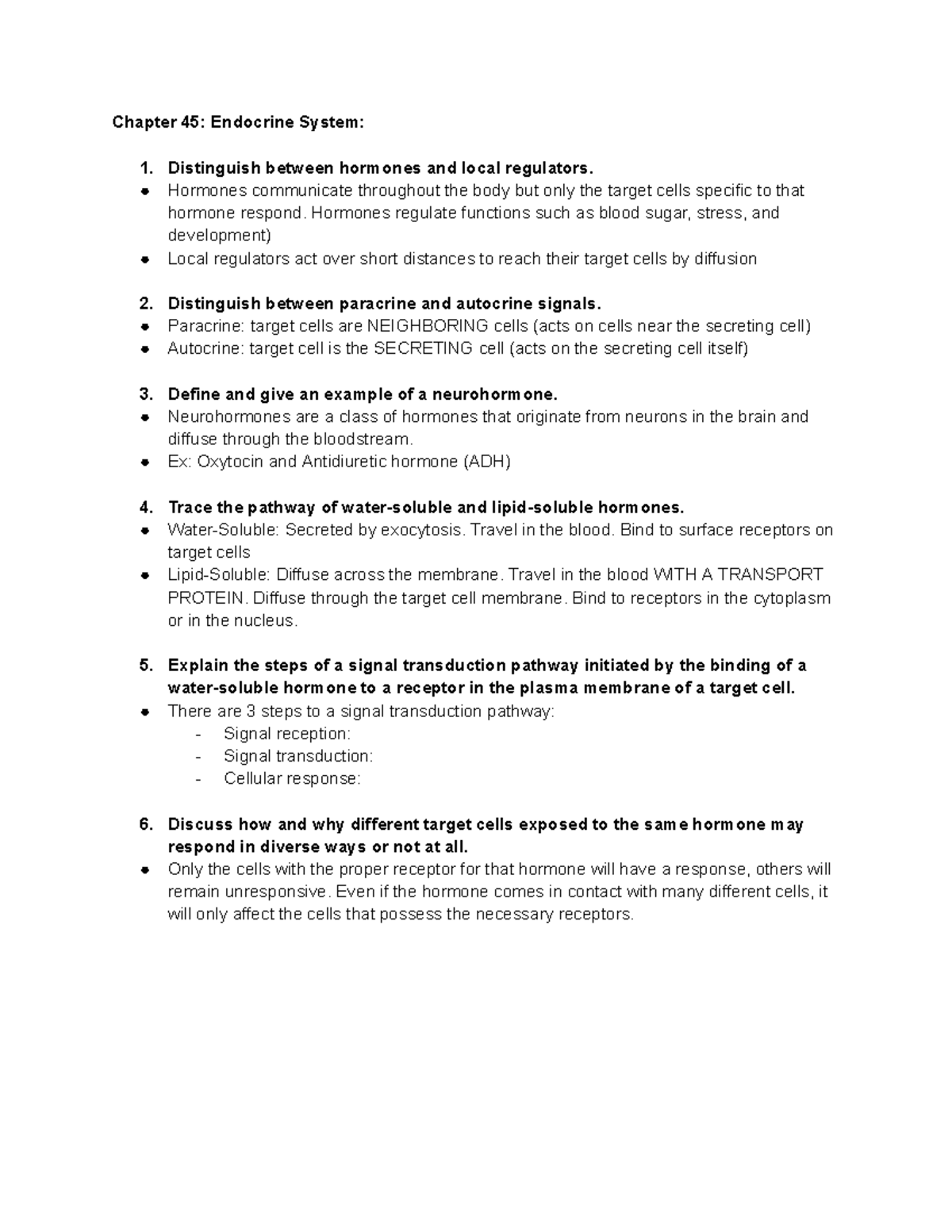 General Biology II chapter 45 Endocrine system studyguide part 1 ...