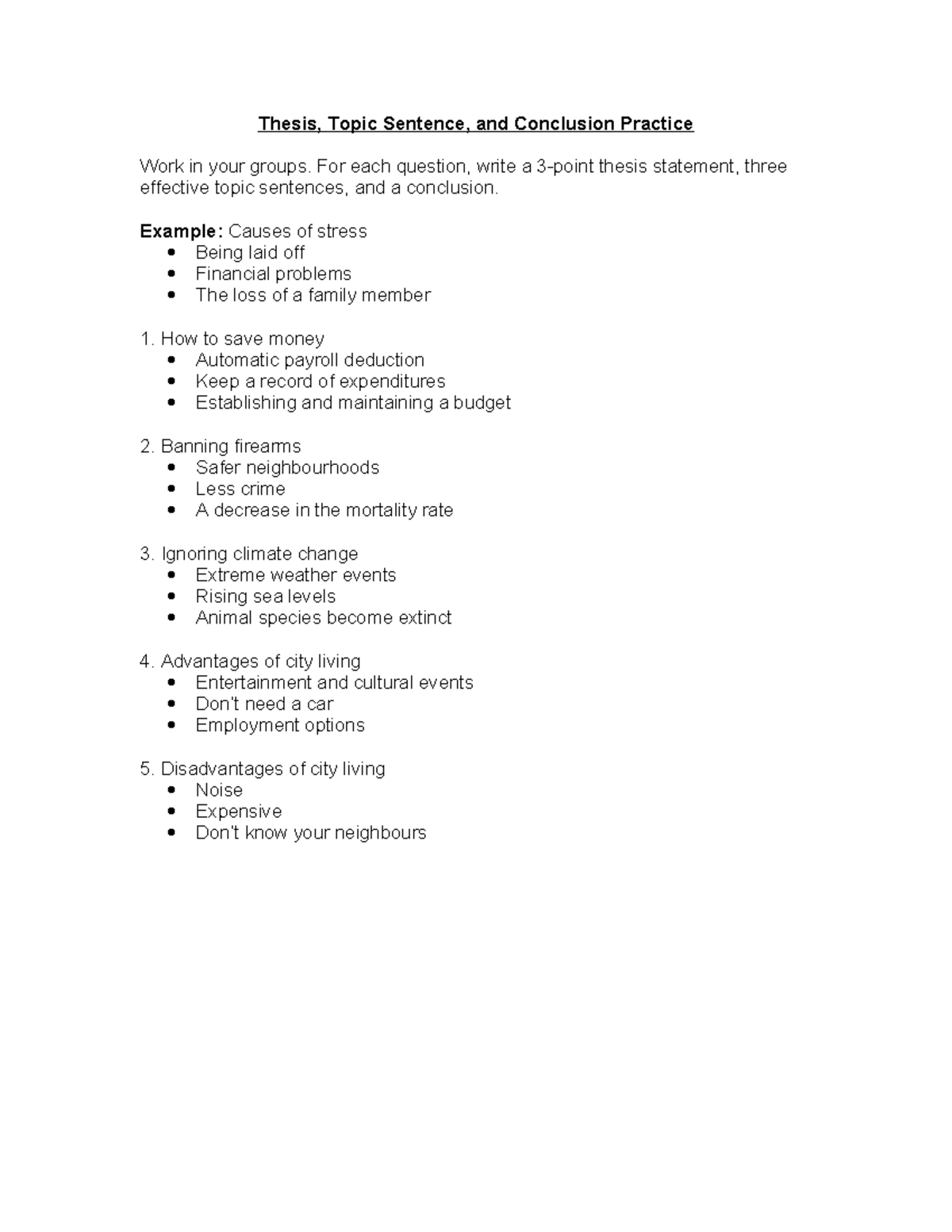 Thesis TS Conclusion Practice - Thesis, Topic Sentence, and Conclusion ...