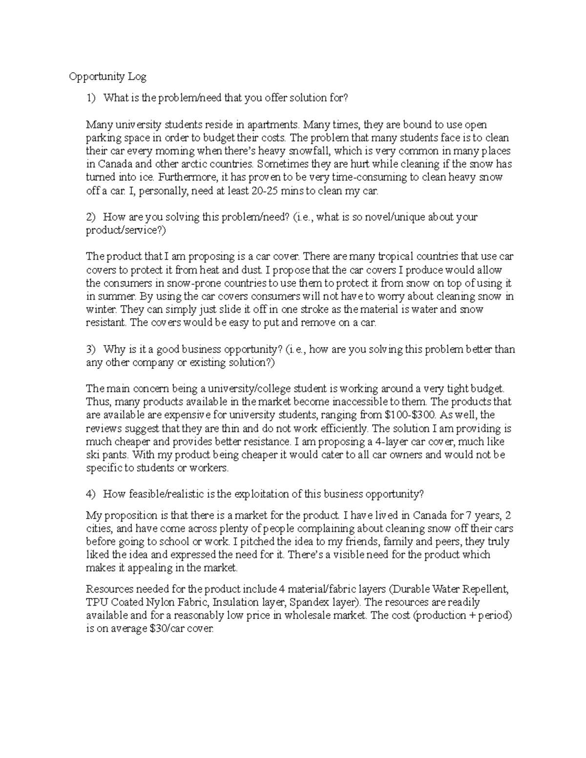 ENTR 2030 - Opportunity Log Solution - Opportunity Log What is the ...