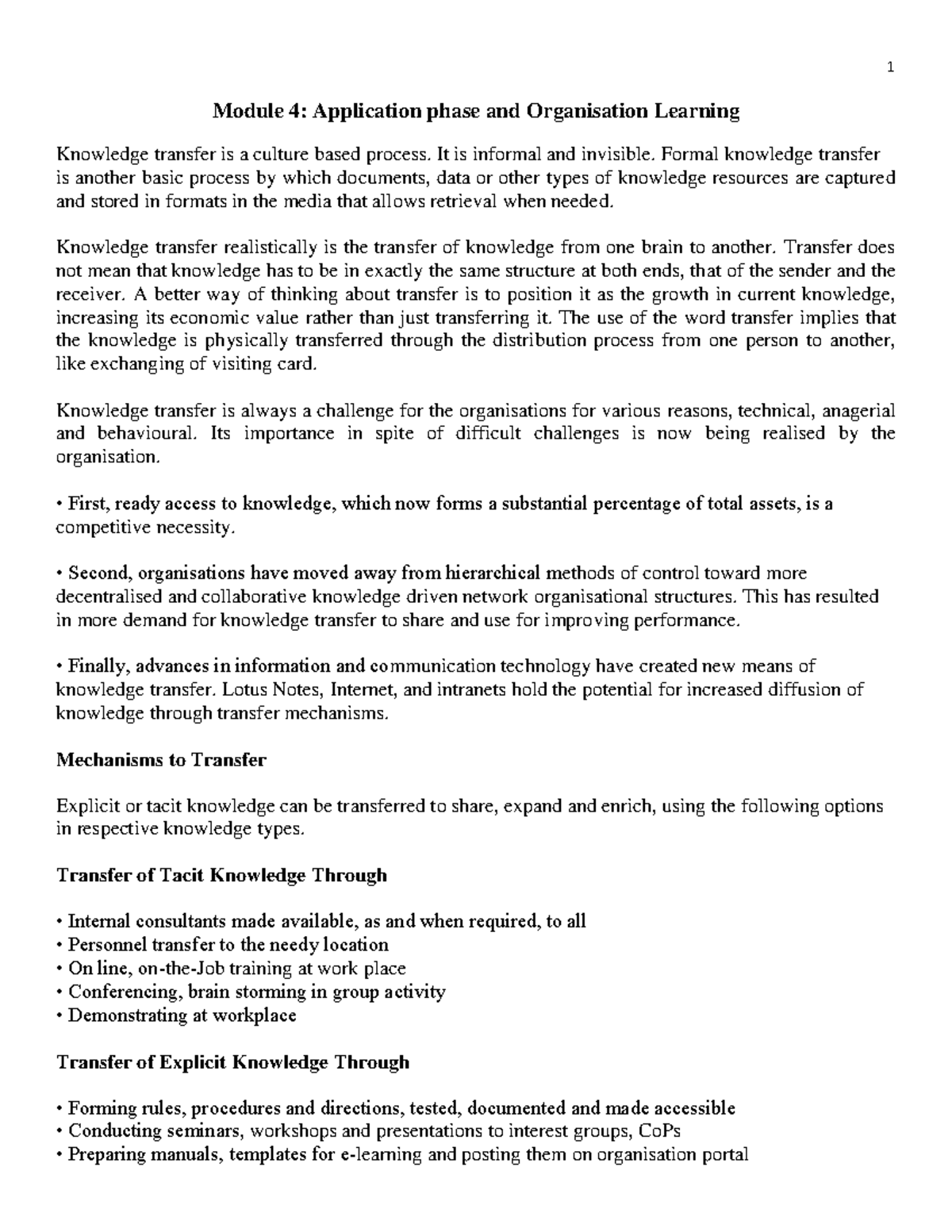 KMmod 4 - Knowledge management module 4 - Module 4: Application phase and Organisation Learning ...