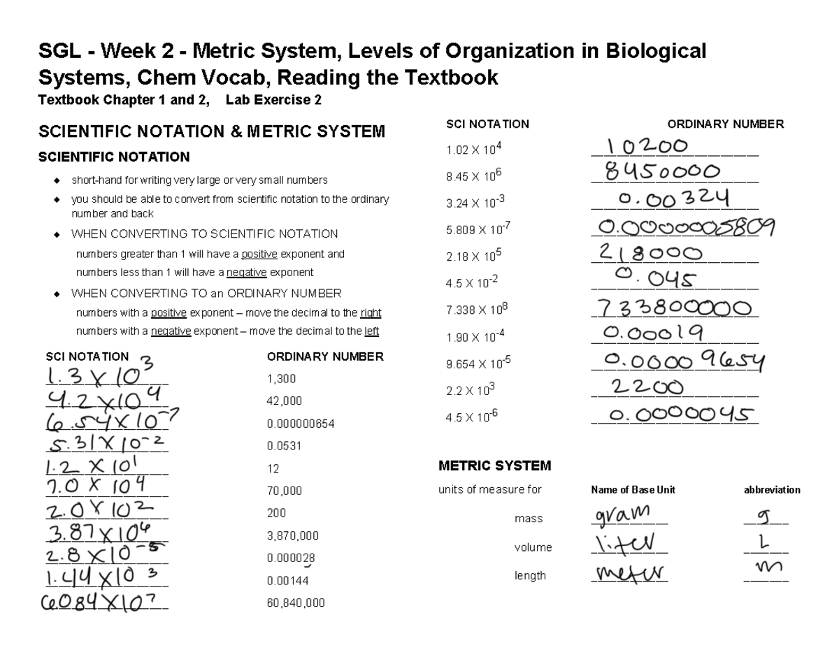 SGL-Week2-Worksheet - SGL - Week 2 - Metric System, Levels of ...
