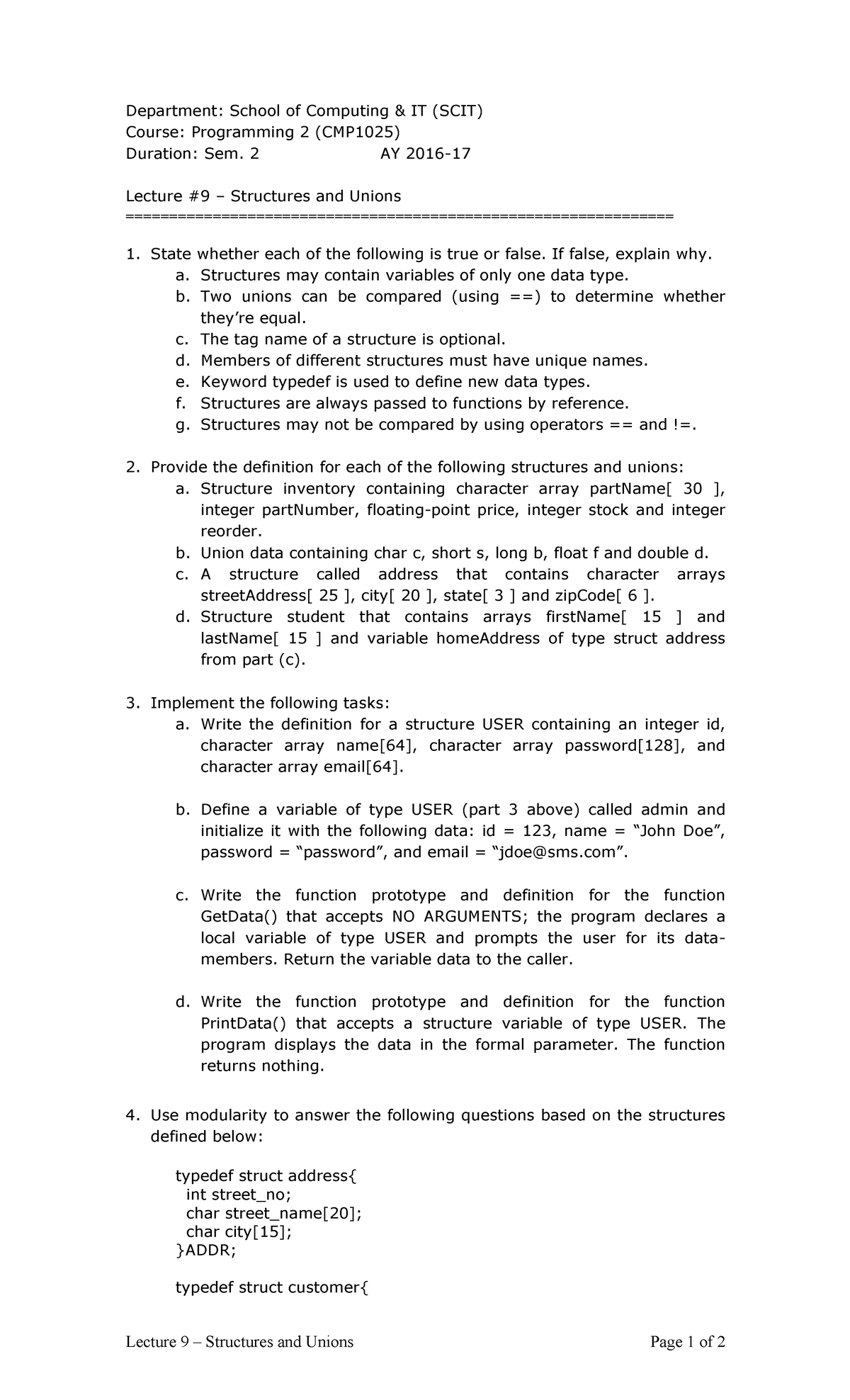 Tutorial Lab #9 - Structures and Unions (T L) - Lecture 9 – Structures ...