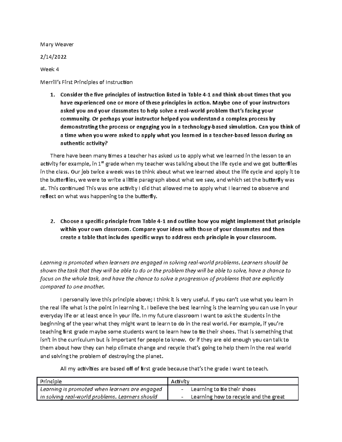 Week 4 apply to practice - Mary Weaver 2/14/ Week 4 Merrill’s First ...