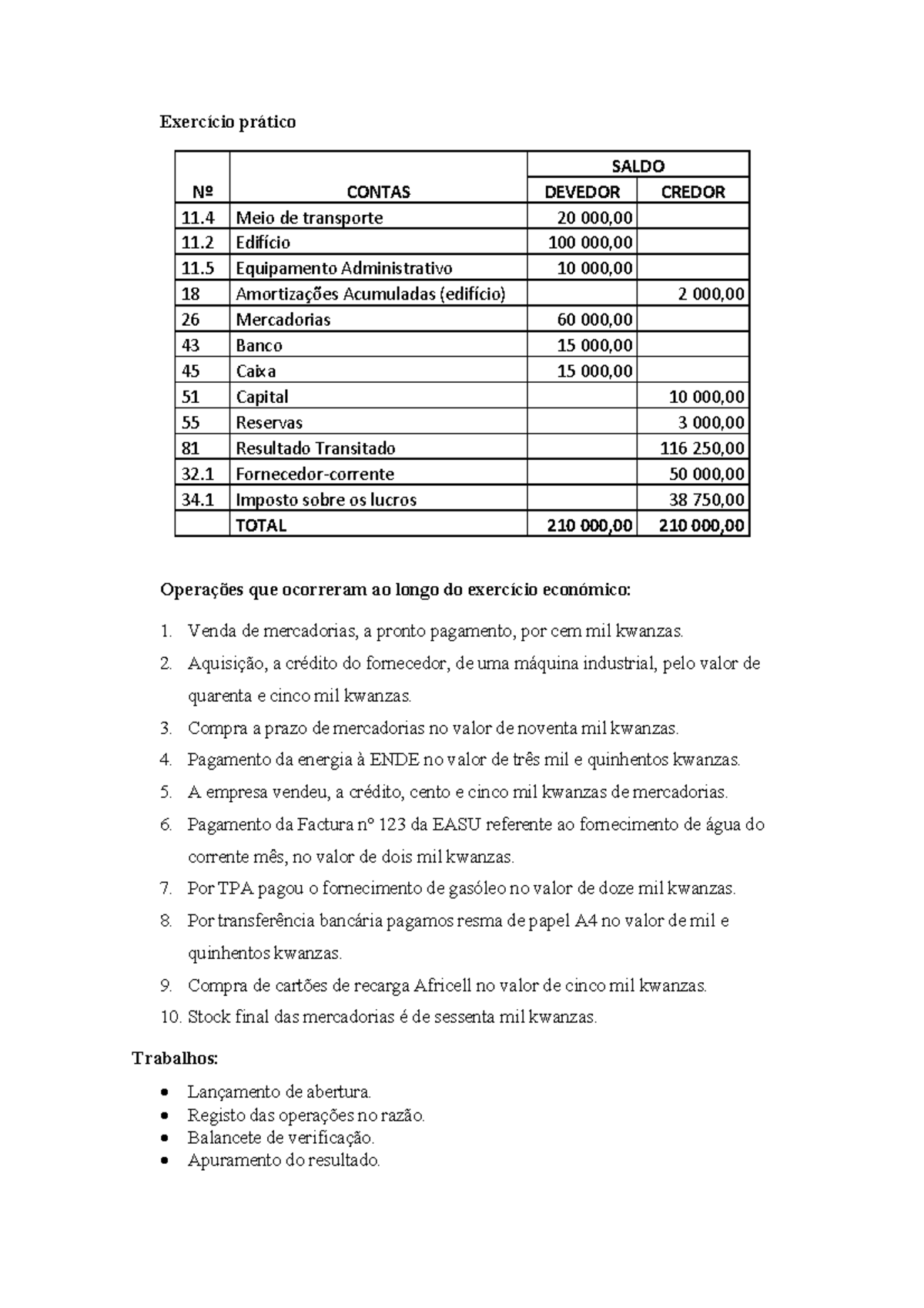 Exercício prático 10 A - Exercício prático Nº CONTAS SALDO DEVEDOR ...