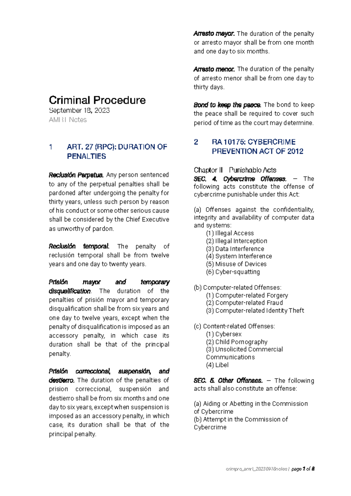 2023 09 18 Crim Pro Notes - ReclusiÛn Perpetua. Any person sentenced to ...