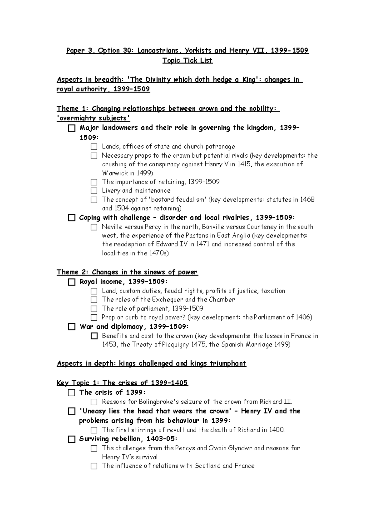 Paper 3 - Topic Tick List - Paper 3, Option 30: Lancastrians, Yorkists ...