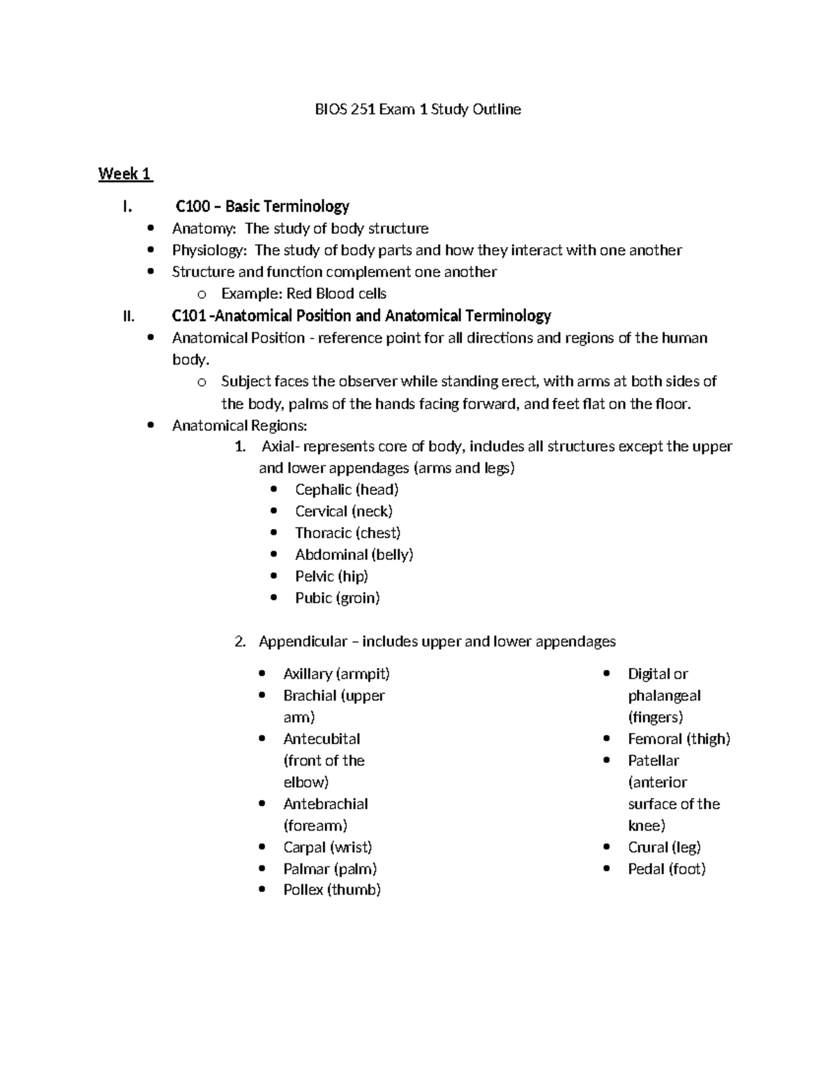 BIOS251 Exam 1 Study Guide - BIOS 251 Exam 1 Study Outline Week 1 I ...