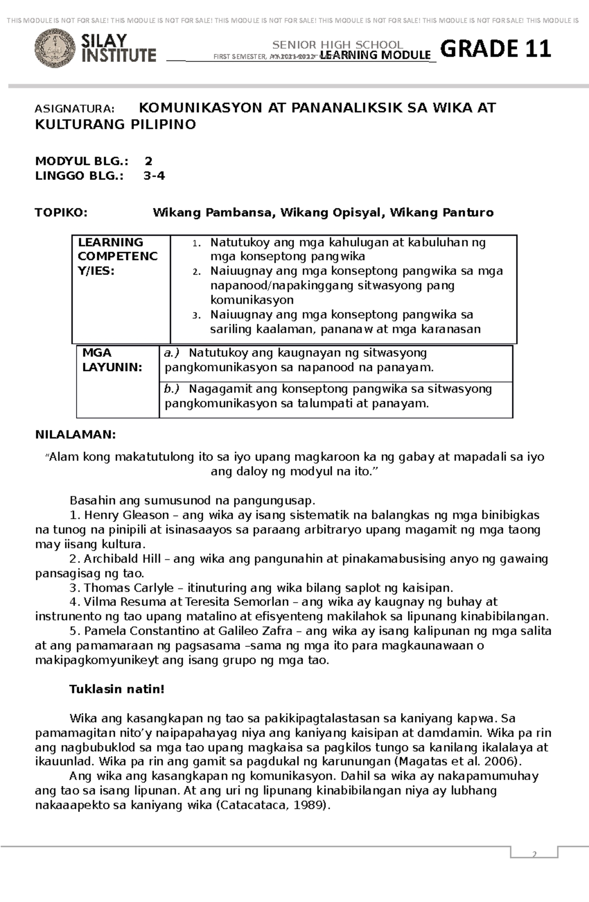 Filipino Aralin 2 Module - 2 ASIGNATURA: KOMUNIKASYON AT PANANALIKSIK ...