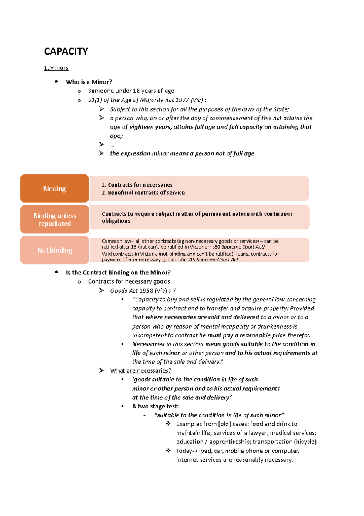 Contract Formation Capacity Notes - 1. Contracts for necessaries 2 ...