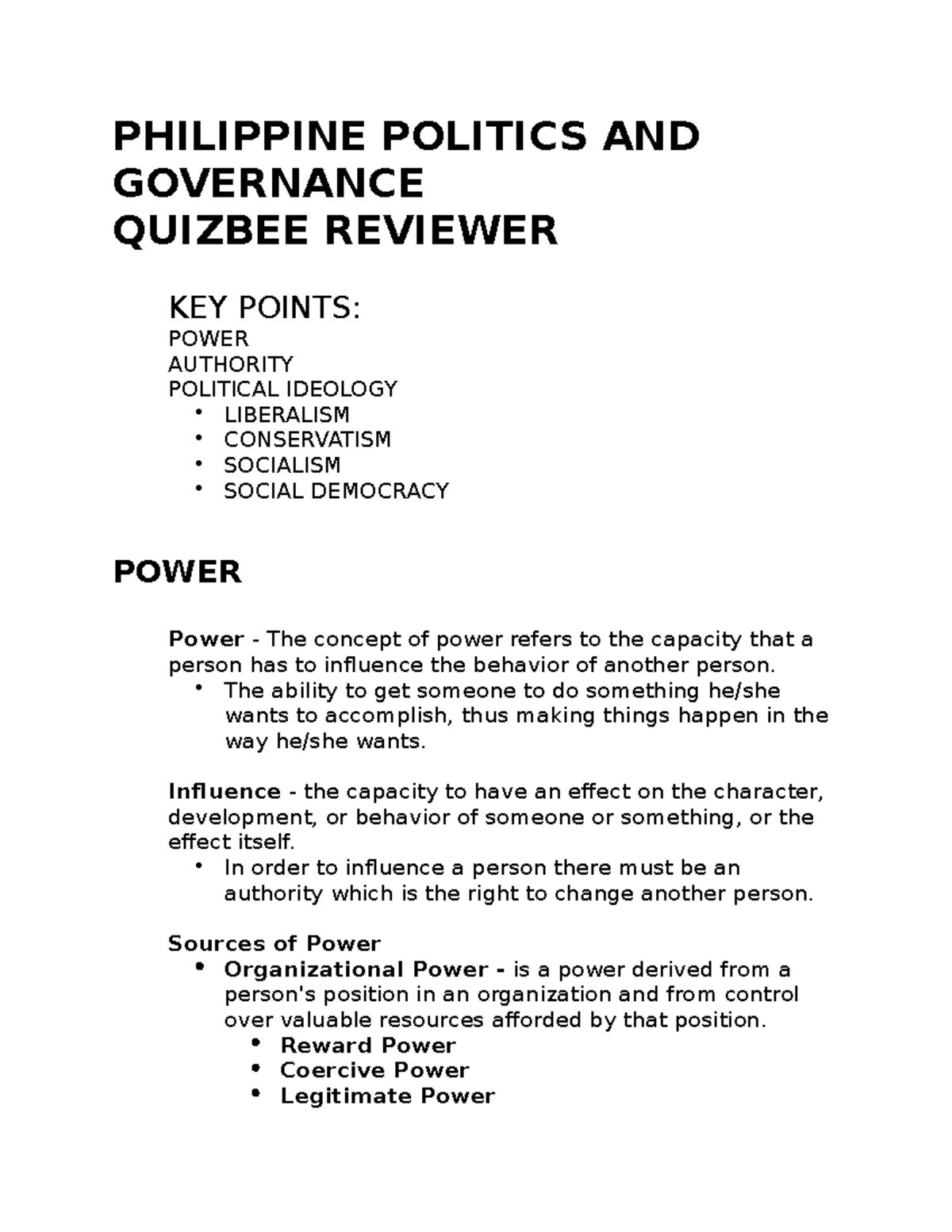 Polgov Reviewer - PHILIPPINE POLITICS AND GOVERNANCE QUIZBEE REVIEWER ...