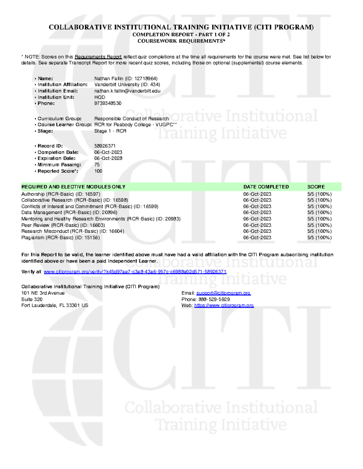 Fallin NRCR - boh ioj iojo j - COLLABORATIVE INSTITUTIONAL TRAINING INITIATIVE (CITI PROGRAM ...