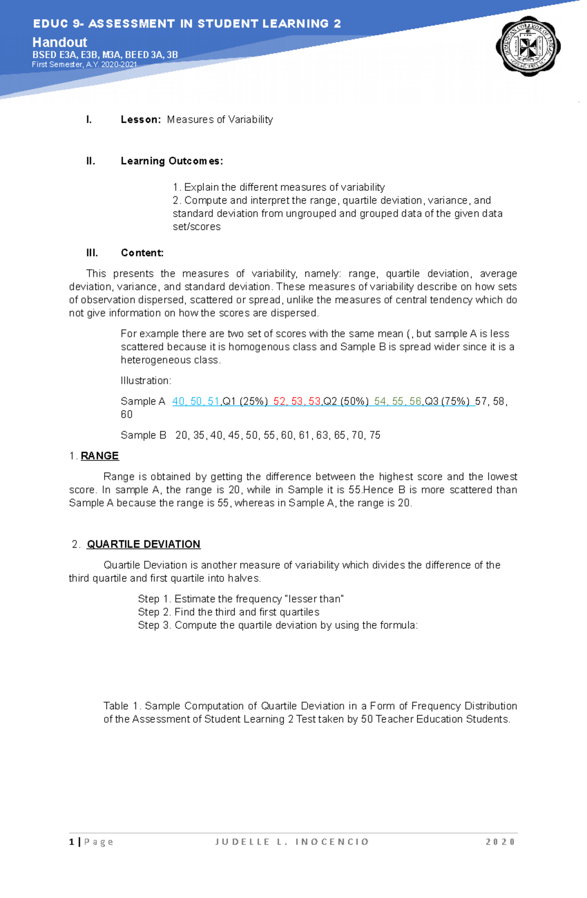 Handouts-IN-EDUC-9 tsu university - I. Lesson: Measures of Variability ...