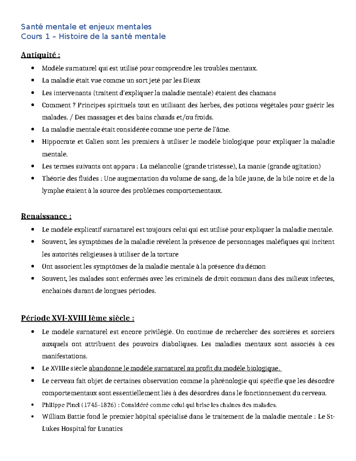 Cours 1 Resumé - Santé mentale et enjeux mentales Cours 1 – Histoire de ...