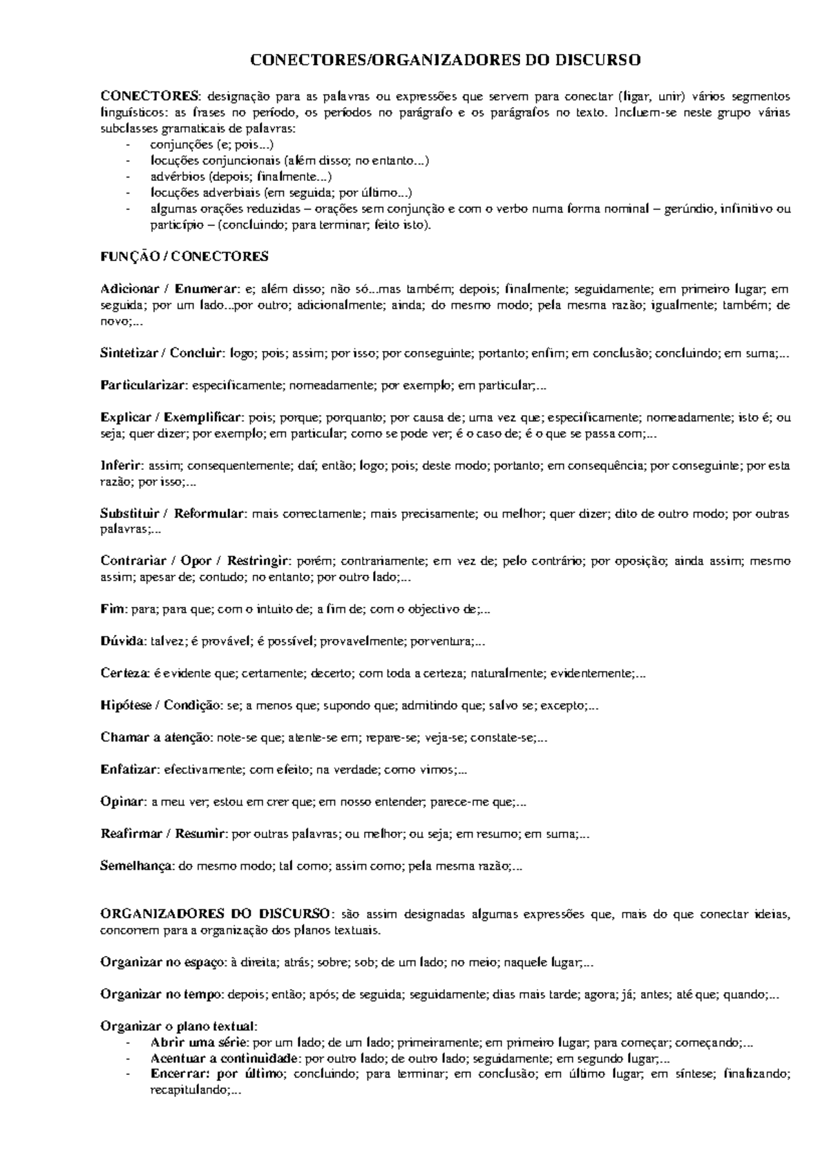 Conectores DO Discurso - CONECTORES/ORGANIZADORES DO DISCURSO ...
