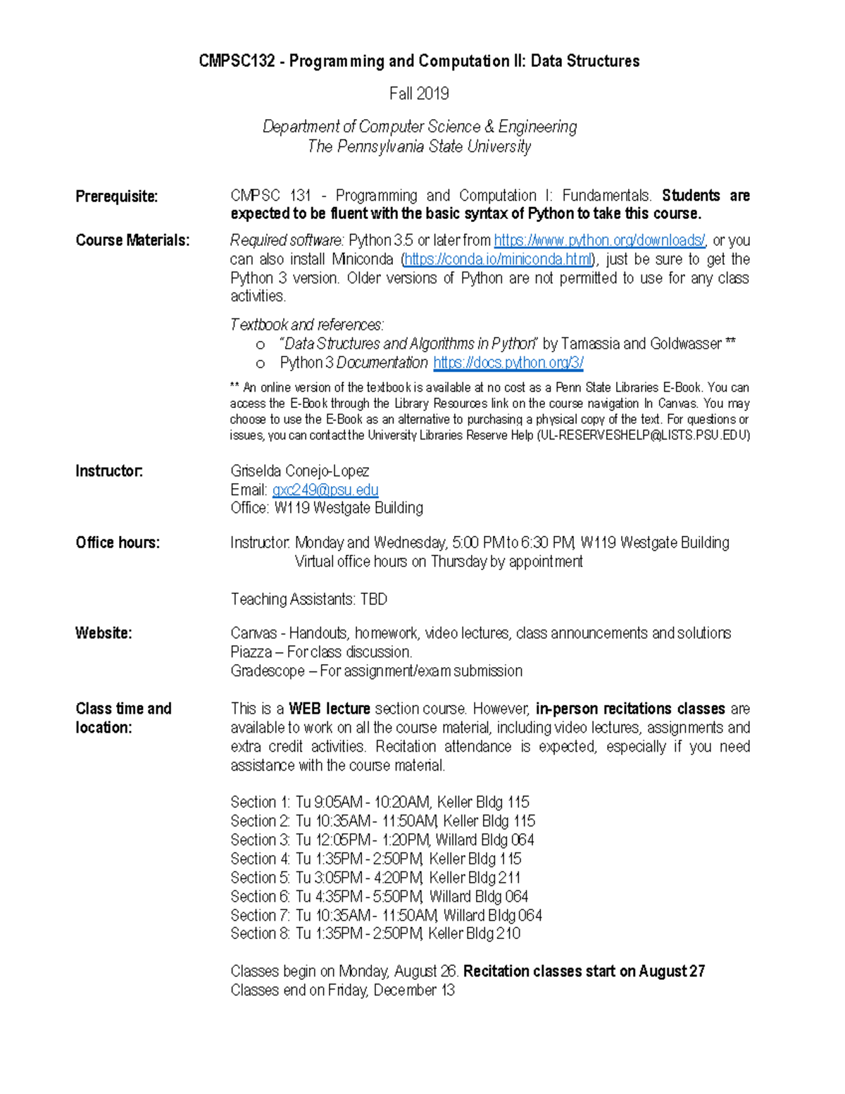 Cmpsc 132 Syllabus - Fall 2019 - Warning: TT: undefined function: 32 CMPSC132 - Programming and ...