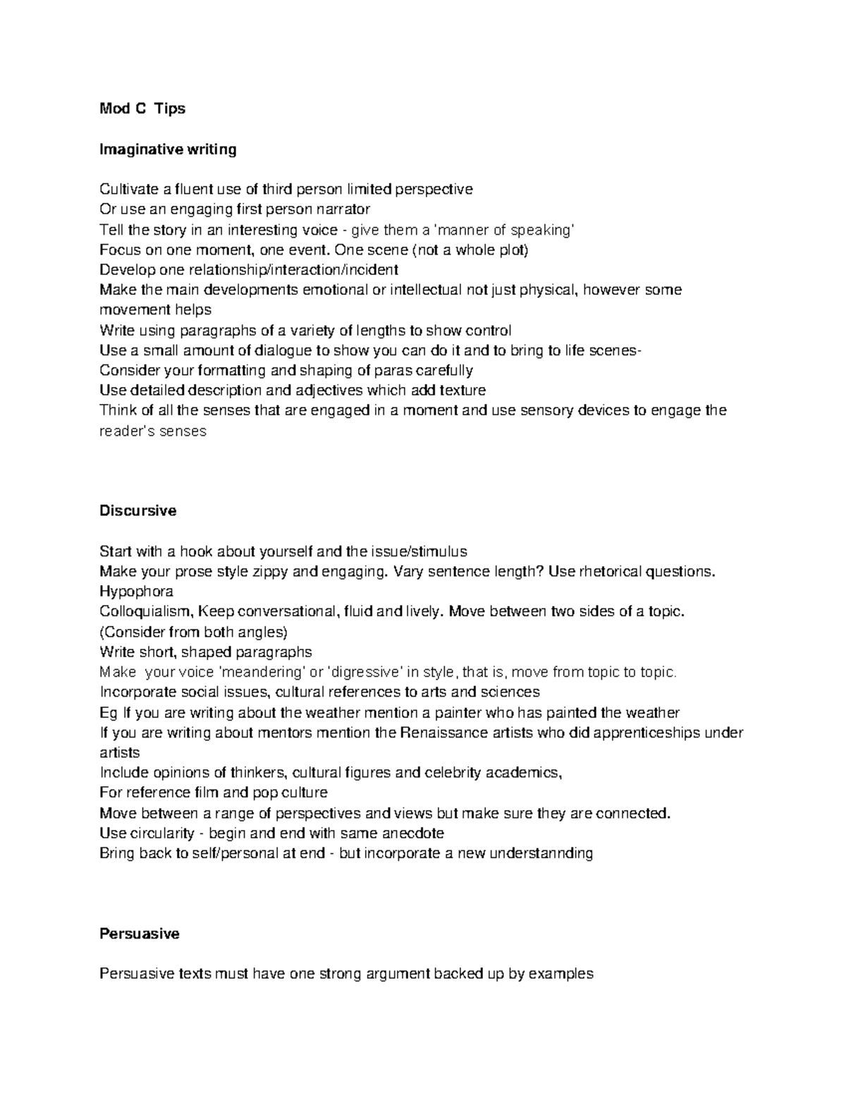Tips for Mod C - Helpful tips for MODULE C which entails discursive ...
