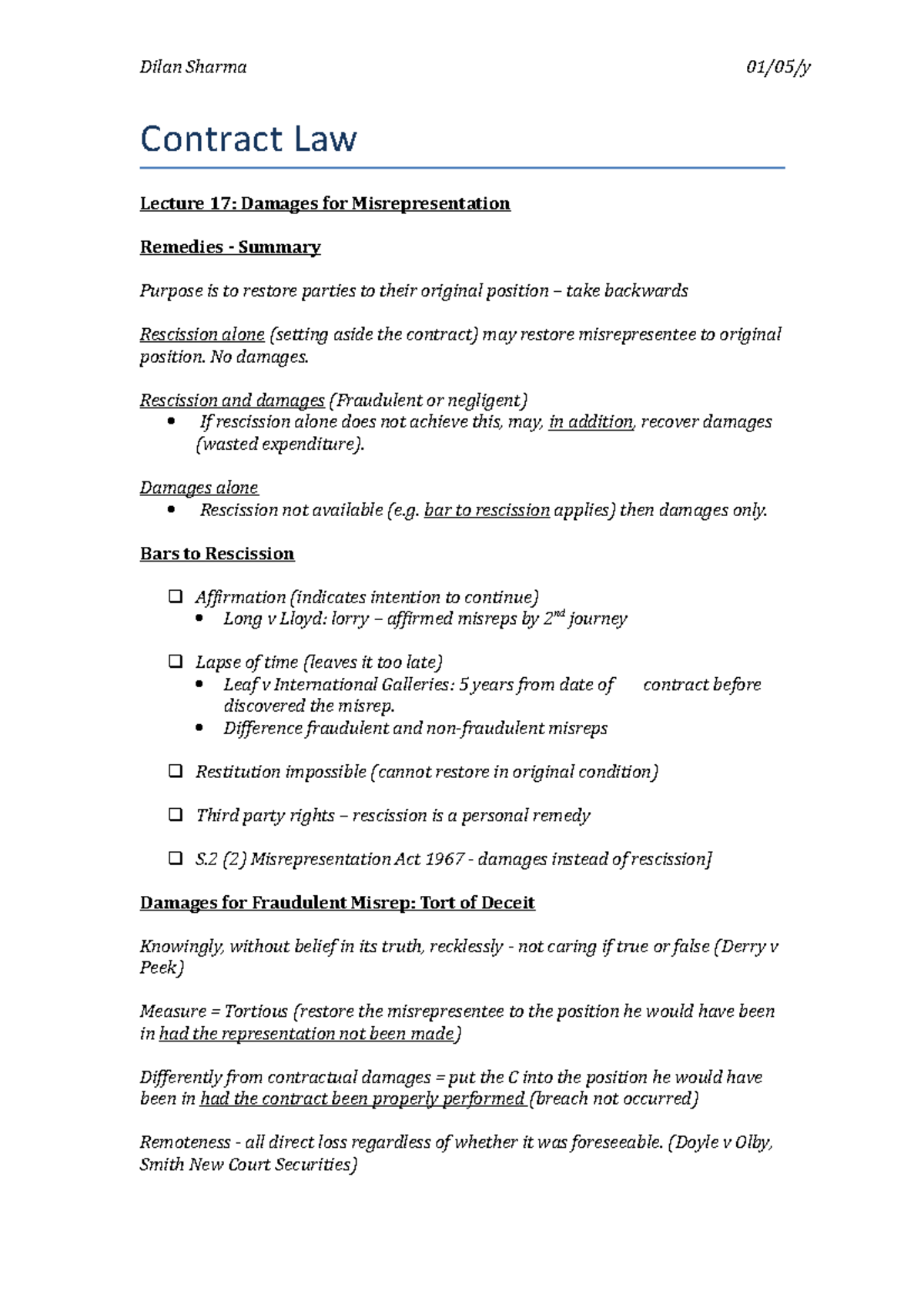 Damages for Misrepresentation - Contract Law Lecture 17: Damages for ...