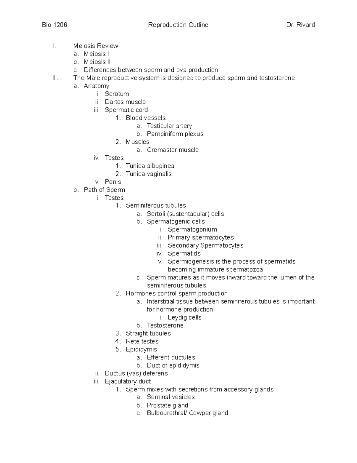 Reproduction System Outline - Bio 1206 Reproduction Outline Dr. Rivard ...
