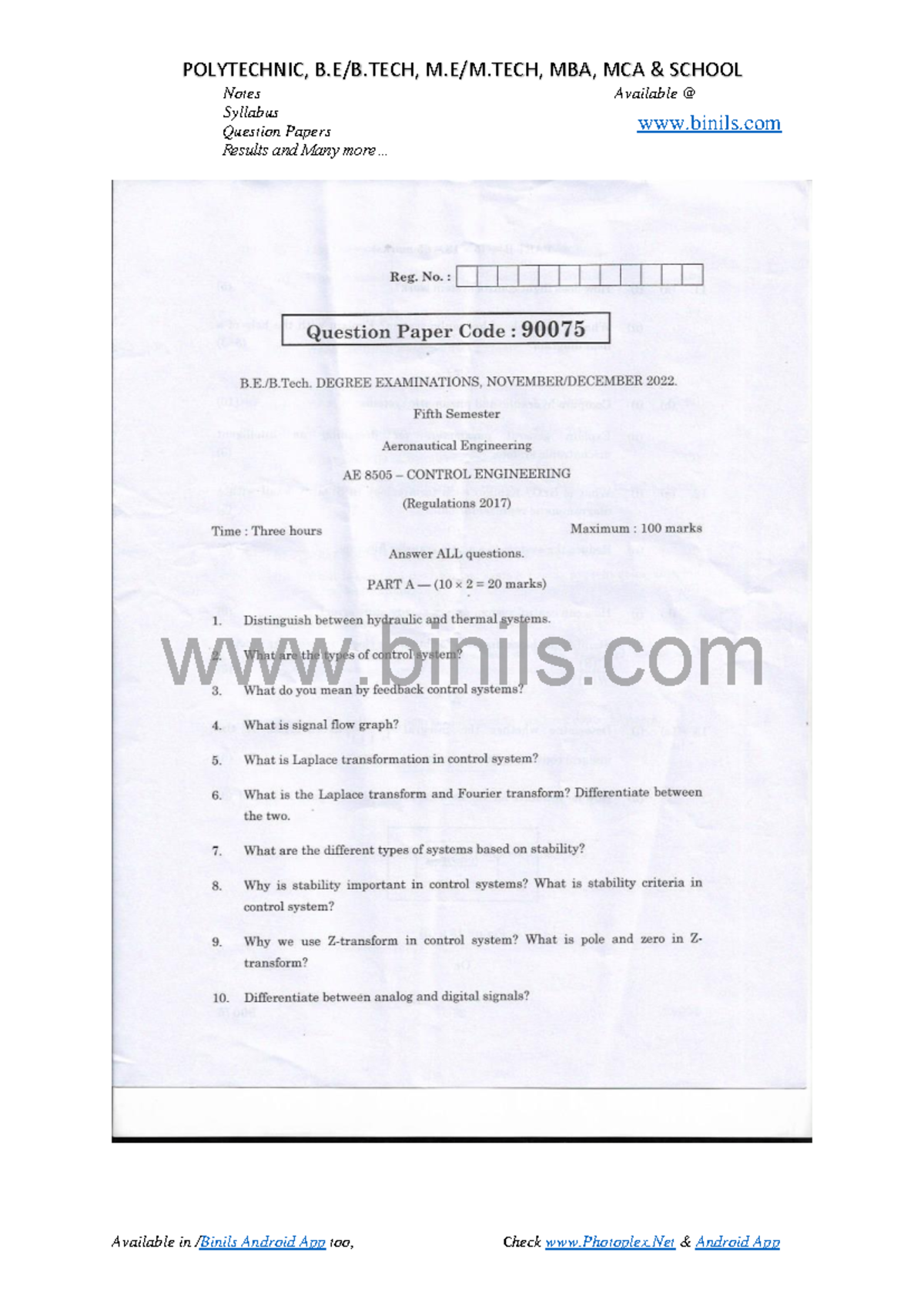AE 8505 Control Engineering previous question paper - Aeronautical ...