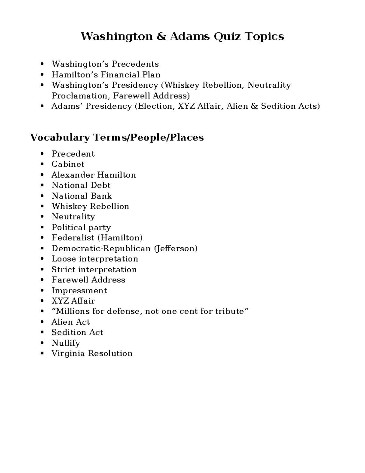 Washington and Adams Quiz Topics 2022 - Washington & Adams Quiz Topics ...