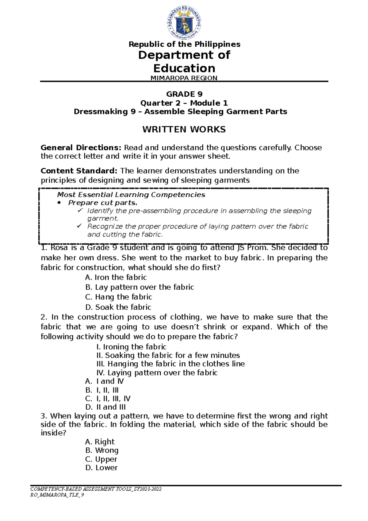Grade 9 Assessment Q2-M1 - GRADE 9 Quarter 2 – Module 1 Dressmaking 9 ...