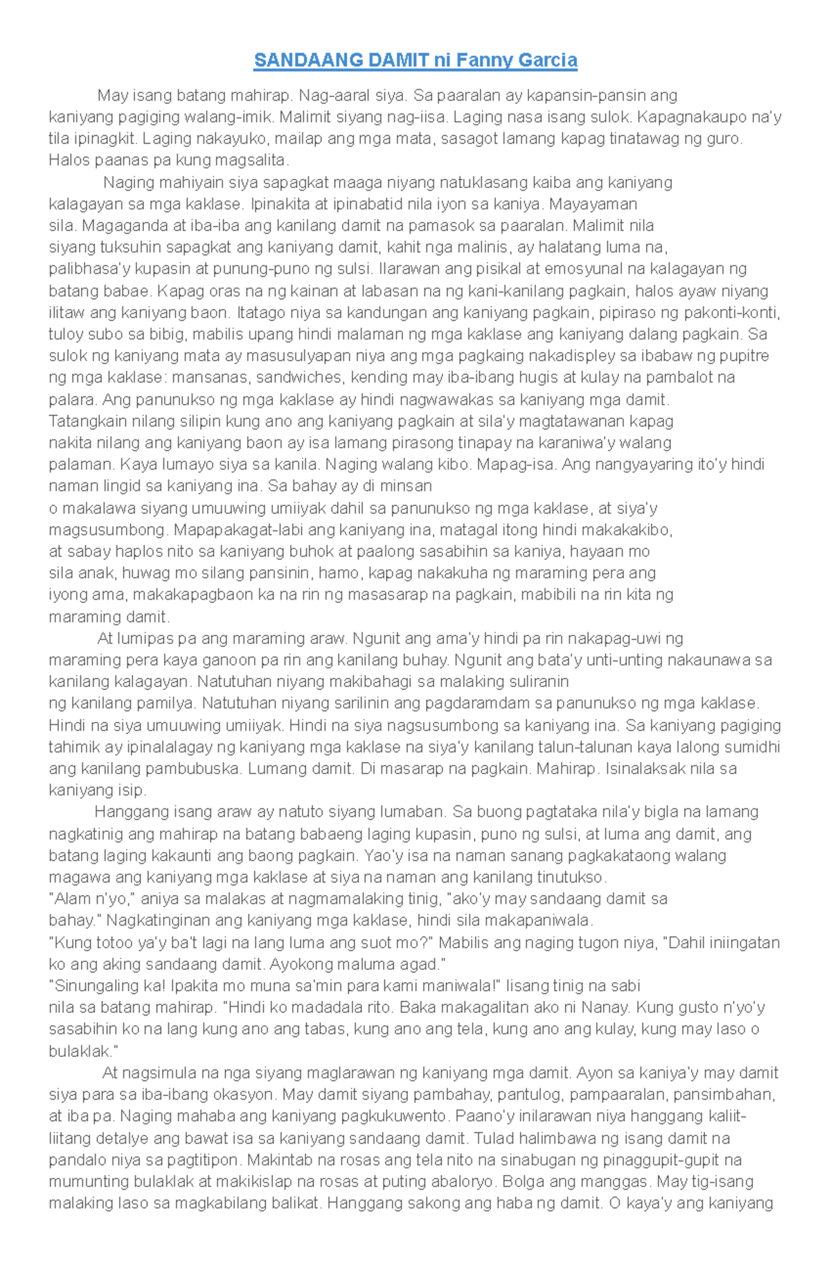 Sandaang Damit ni Fanny Garcia 064313 - SANDAANG DAMIT ni Fanny Garcia May isang batang mahirap ...