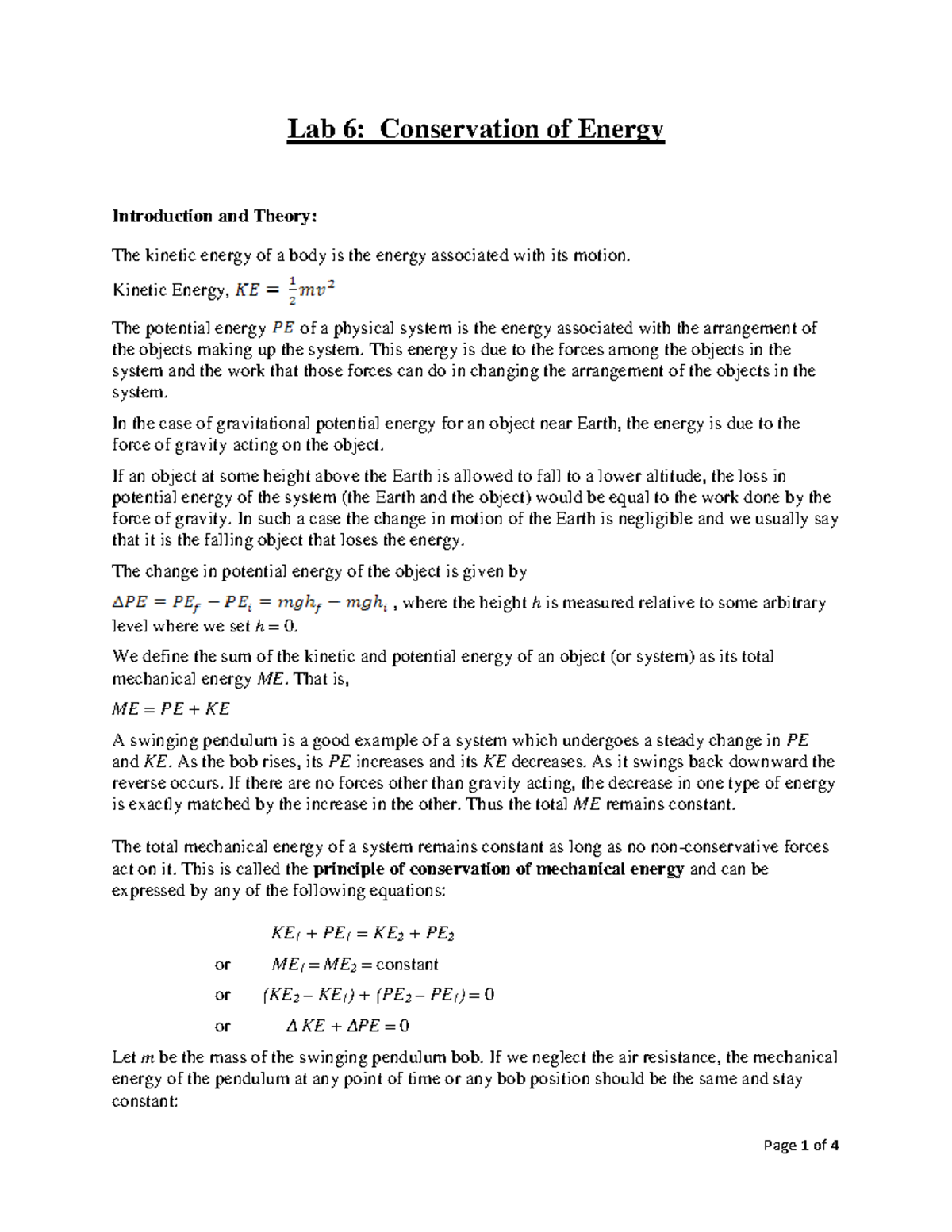 Conservation Of Energy Lab 6 Conservation Of Energy Introduction And