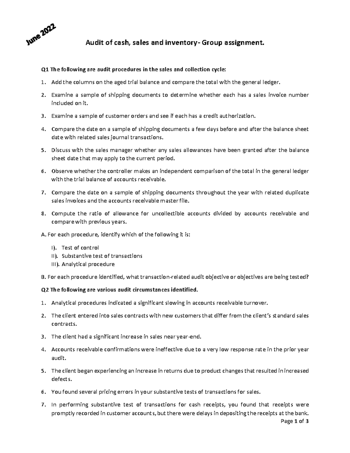 Auditing- Group work - zvghm - Page 1 of 3 Audit of cash, sales and ...