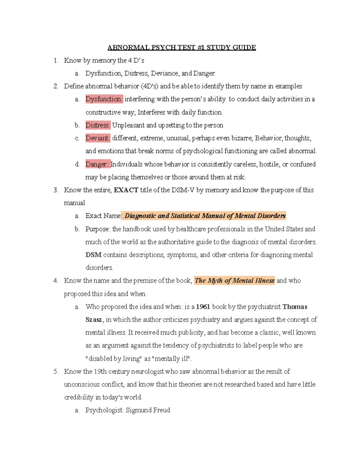 Abnormal Psych Test 1 Study Guide - ABNORMAL PSYCH TEST #1 STUDY GUIDE ...