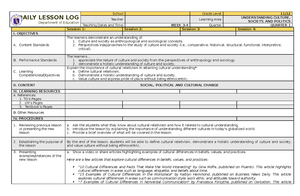 UCSP Q1 WEEK3-4 - Quiz and Materials Culture - DAILY LESSON LOG ...