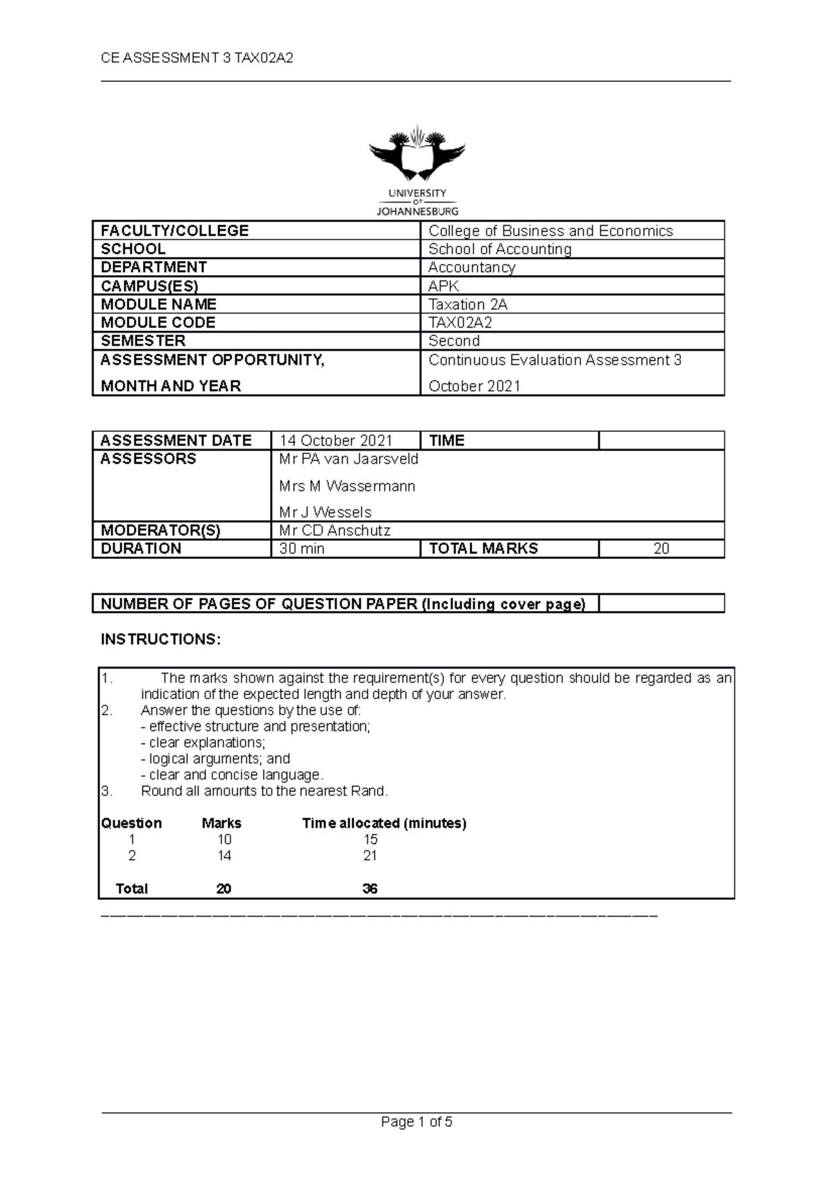 CE 3 2021 Question - Continous evaluation assessment for 2021 - FACULTY ...