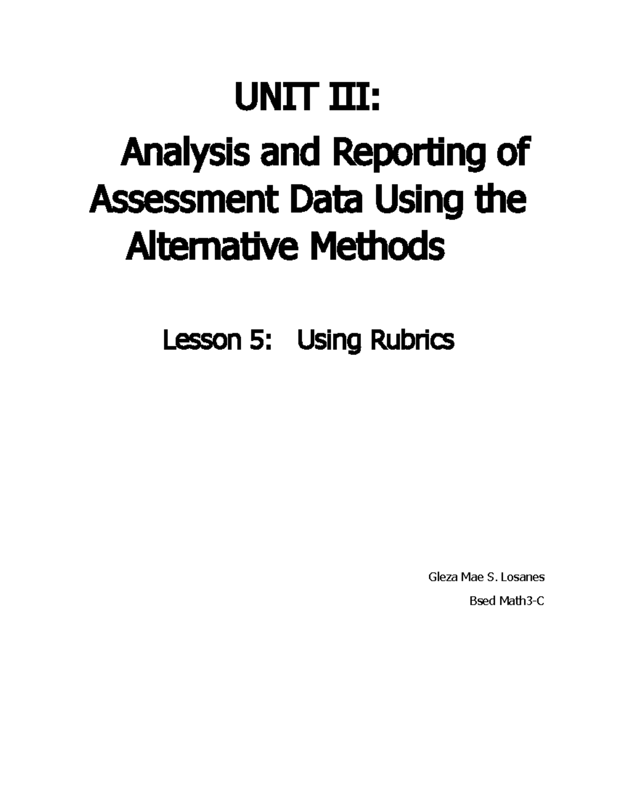 Rubrikso - nothing - UNIT III: Analysis and Reporting of Assessment Data Using the Alternative ...