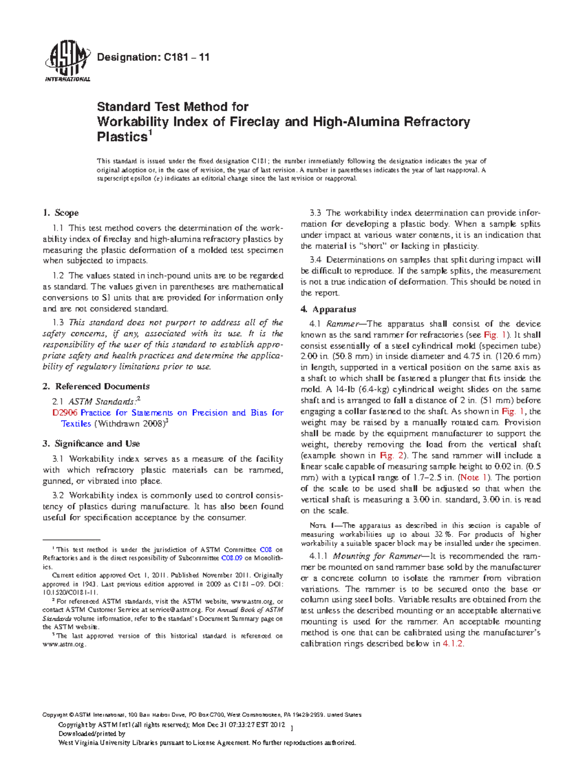 ASTM C 181 - 2011 (Standard Test Method for Workability Index of ...