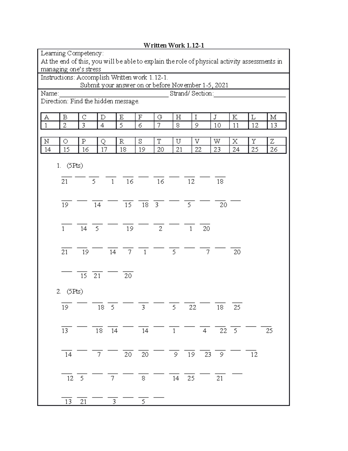 Pe 003 Written Work week 11 - Written Work 1- Learning Competency: At ...