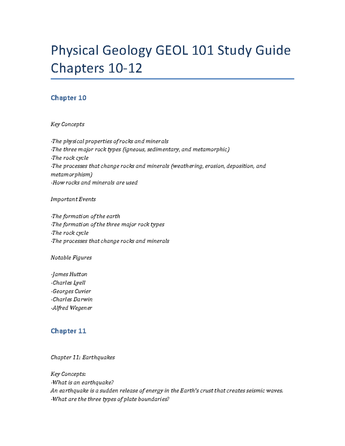 Physical Geology GEOL 101 Study Guide Chapters 10-12 - Physical Geology ...