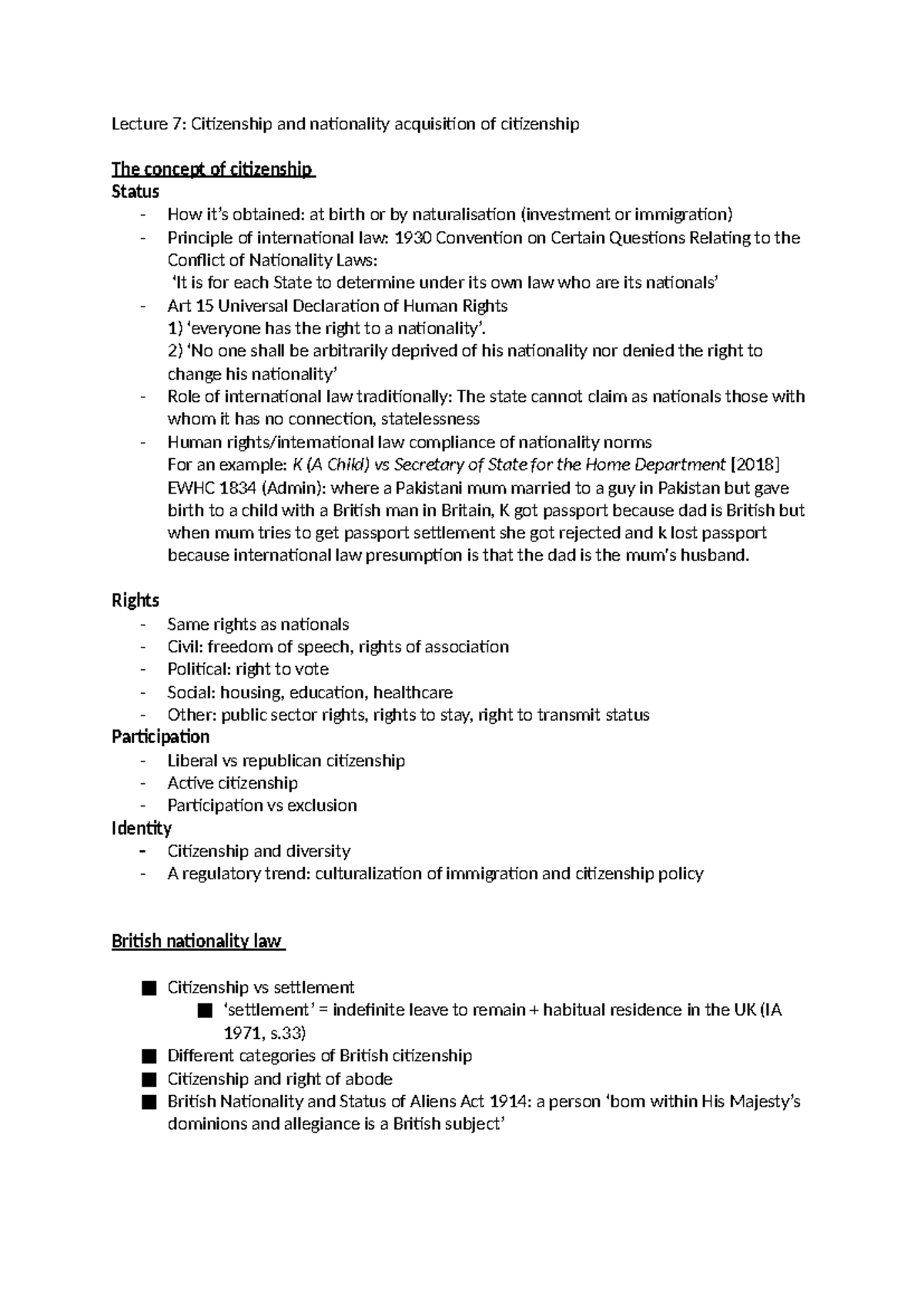 Lecture 7 - notes - Lecture 7: Citizenship and nationality acquisition ...