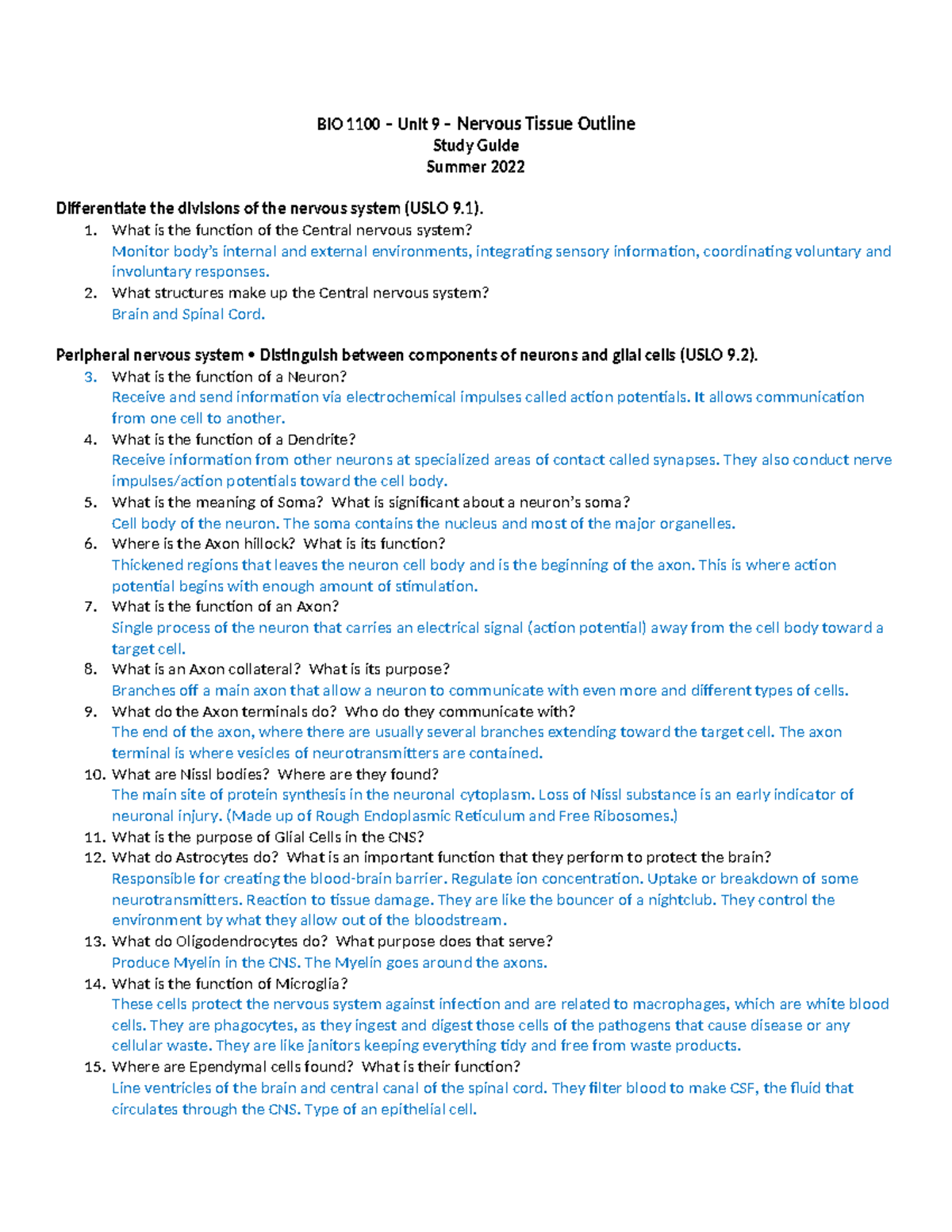 BIO 1100 - Unit 9 - Nervous Tissue - Study Guide - BIO 1100 – Unit 9 ...