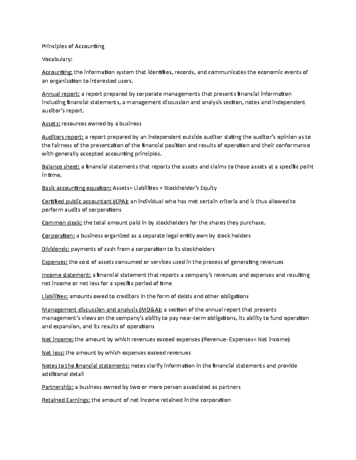 Principles of Accounting Chpt 1 - Principles of Accounting Vocabulary ...