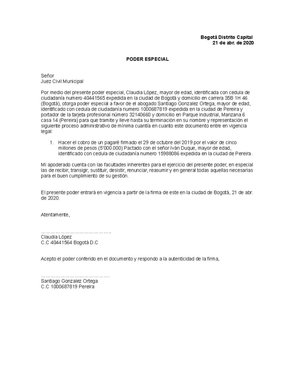 Formato poder especial - Bogotá Distrito Capital 21 de abr. de 2020 ...
