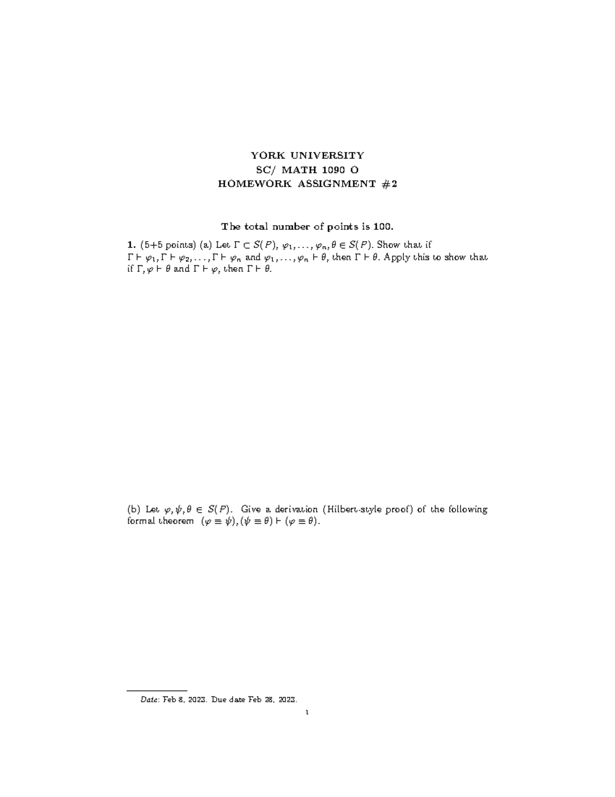 Written Assign 2 1090 O W23 - YORK UNIVERSITY SC/ MATH 1090 O HOMEWORK ...