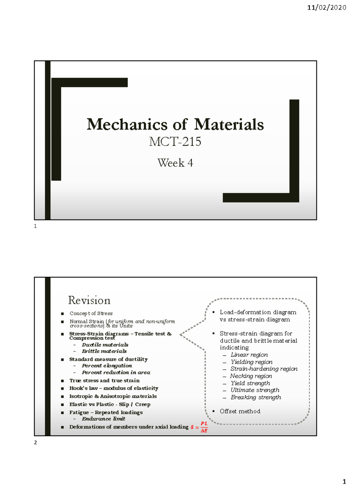 Week4-2020 - Week3-2020 - Lecture Slides - Mechanics of Materials MCT- Week 4 ####### Revision ...