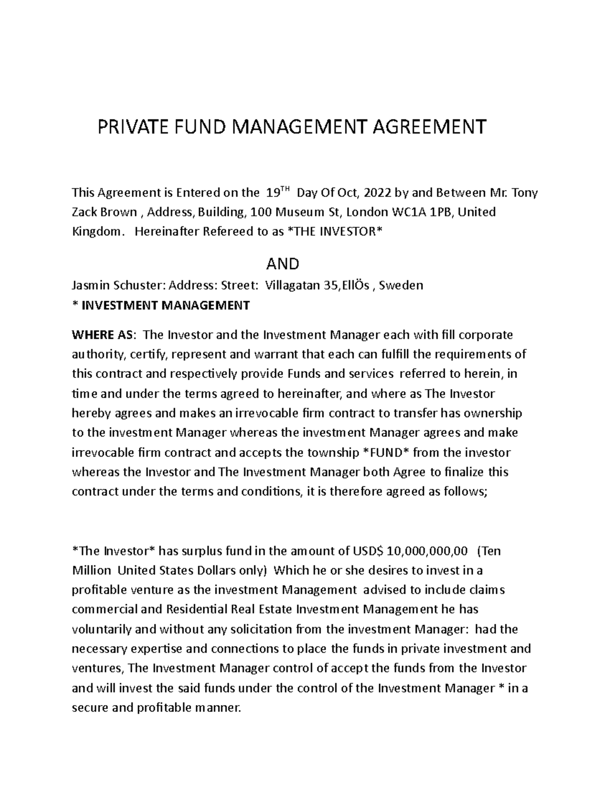 Inestment FUND Management Agreement 2022 CODE1 - PRIVATE FUND ...