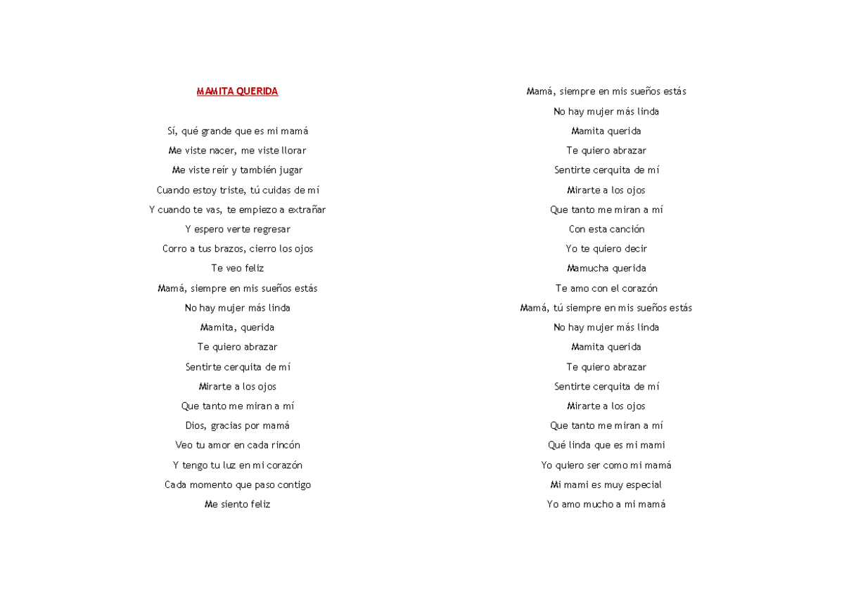 Mamita Querida Cancionero Mamita Querida Sí Qué Grande Que Es Mi