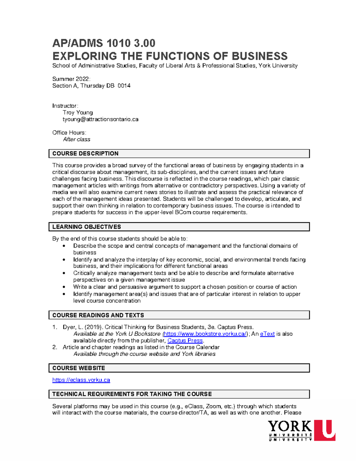 ADMS1010 SU22 Sec A - outline - AP/ADMS 1010 3. EXPLORING THE FUNCTIONS OF BUSINESS School of ...